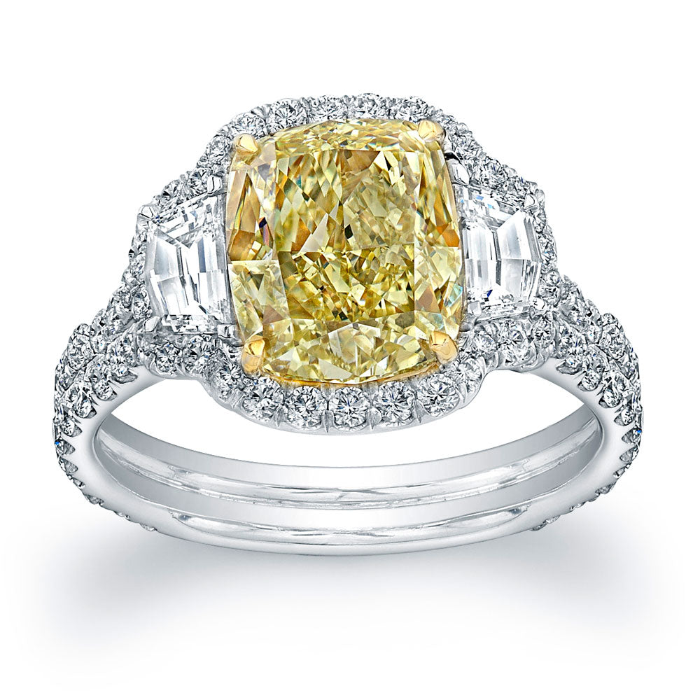 Cushion Cut Fancy Yellow Diamond Engagement Ring with Pave Halo ...